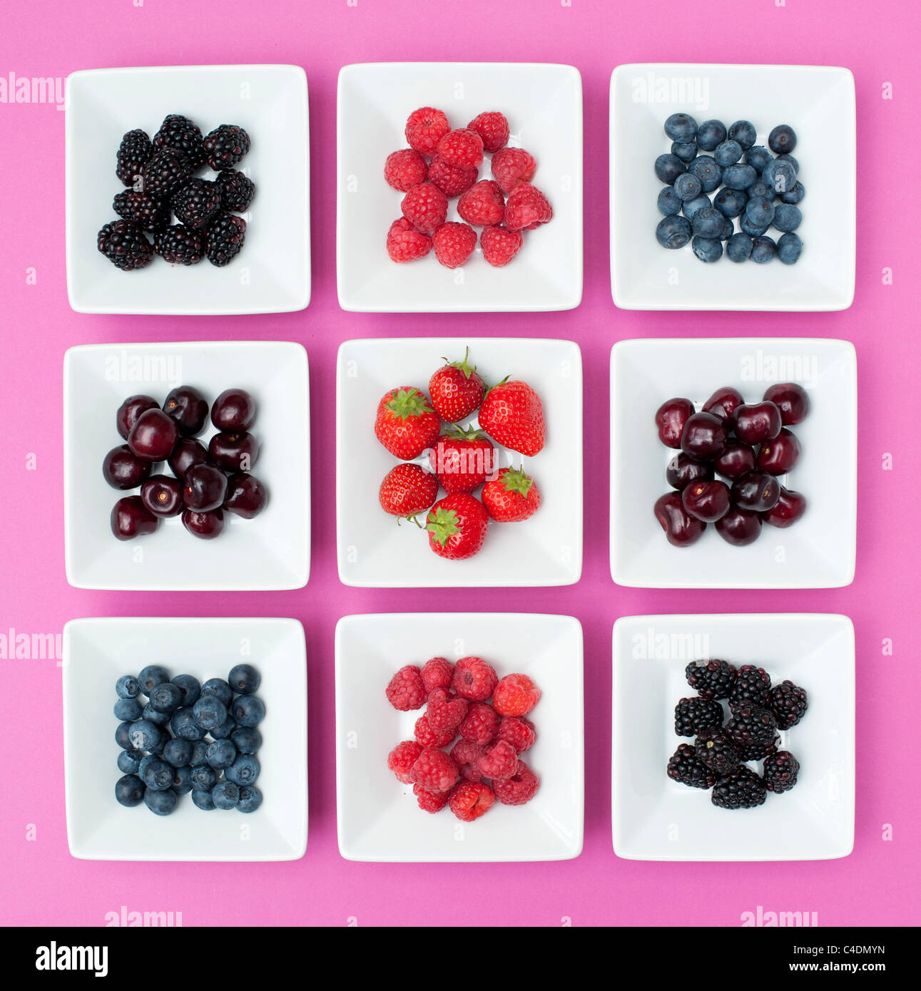 Cherries and strawberry in a ceramic bowl on green grass Stock Photo ...