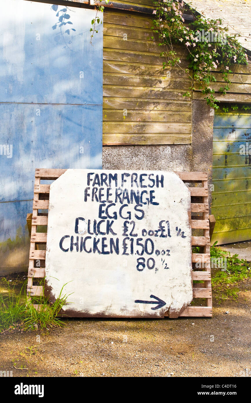 Sign advertising free range eggs in a village in Cornwall, UK Stock ...