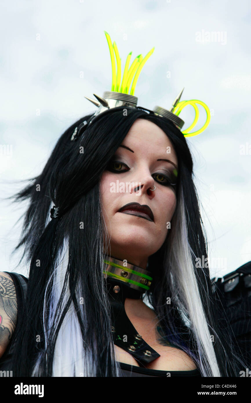 Gothic enthusiast wearing funky costume at the annual Wave Gothic ...