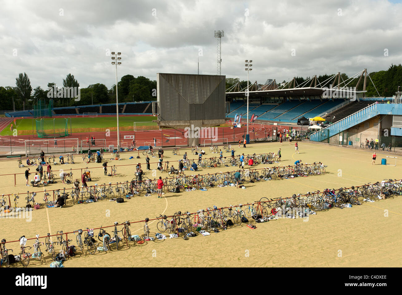 Transition area for triathlons with threating storm clouds Stock Photo ...