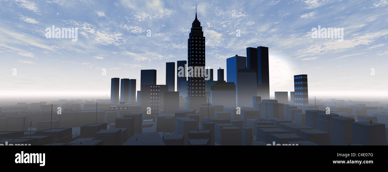 Skyline of buildings in 3D render in panoramic style Stock Photo - Alamy