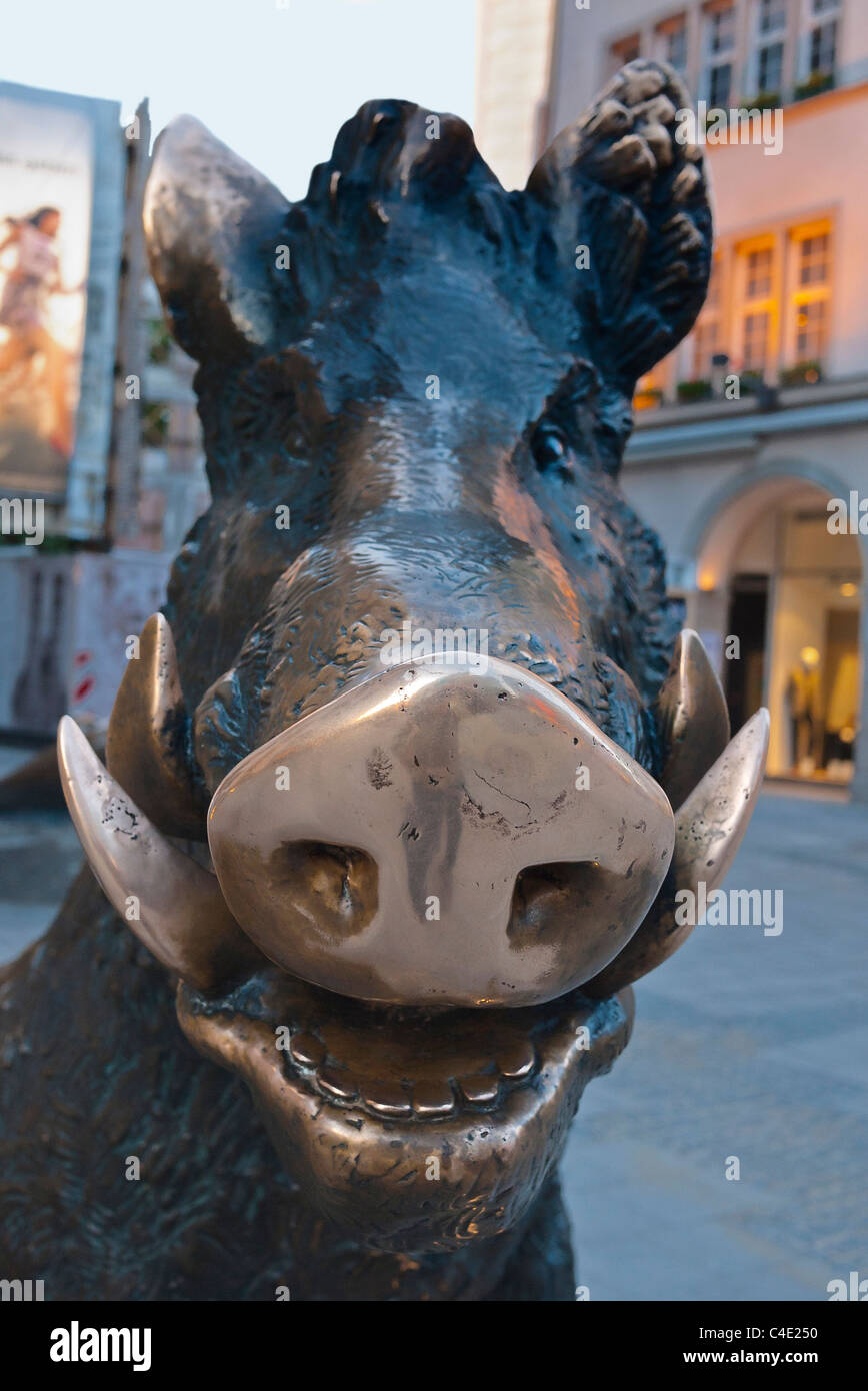 A bronze sculpture of a wild boar on the main walking street to the ...