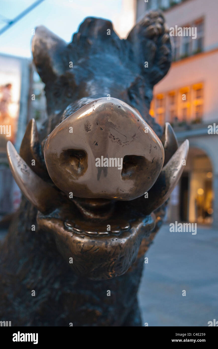 A bronze sculpture of a wild boar on the main walking street to the ...