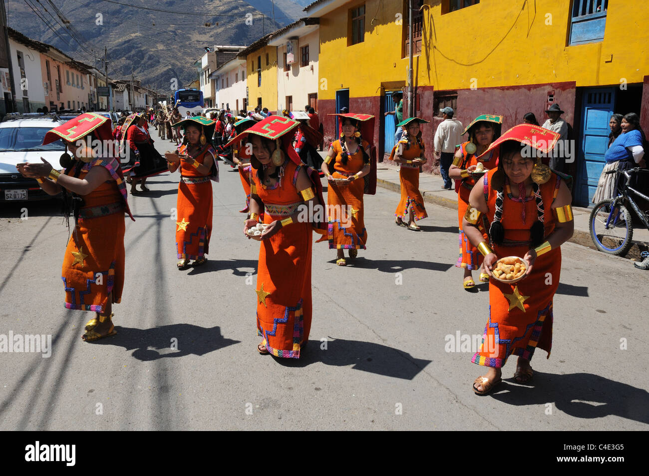 An Incan parade in traditional costume at Pisaq near Cusco in Peru ...