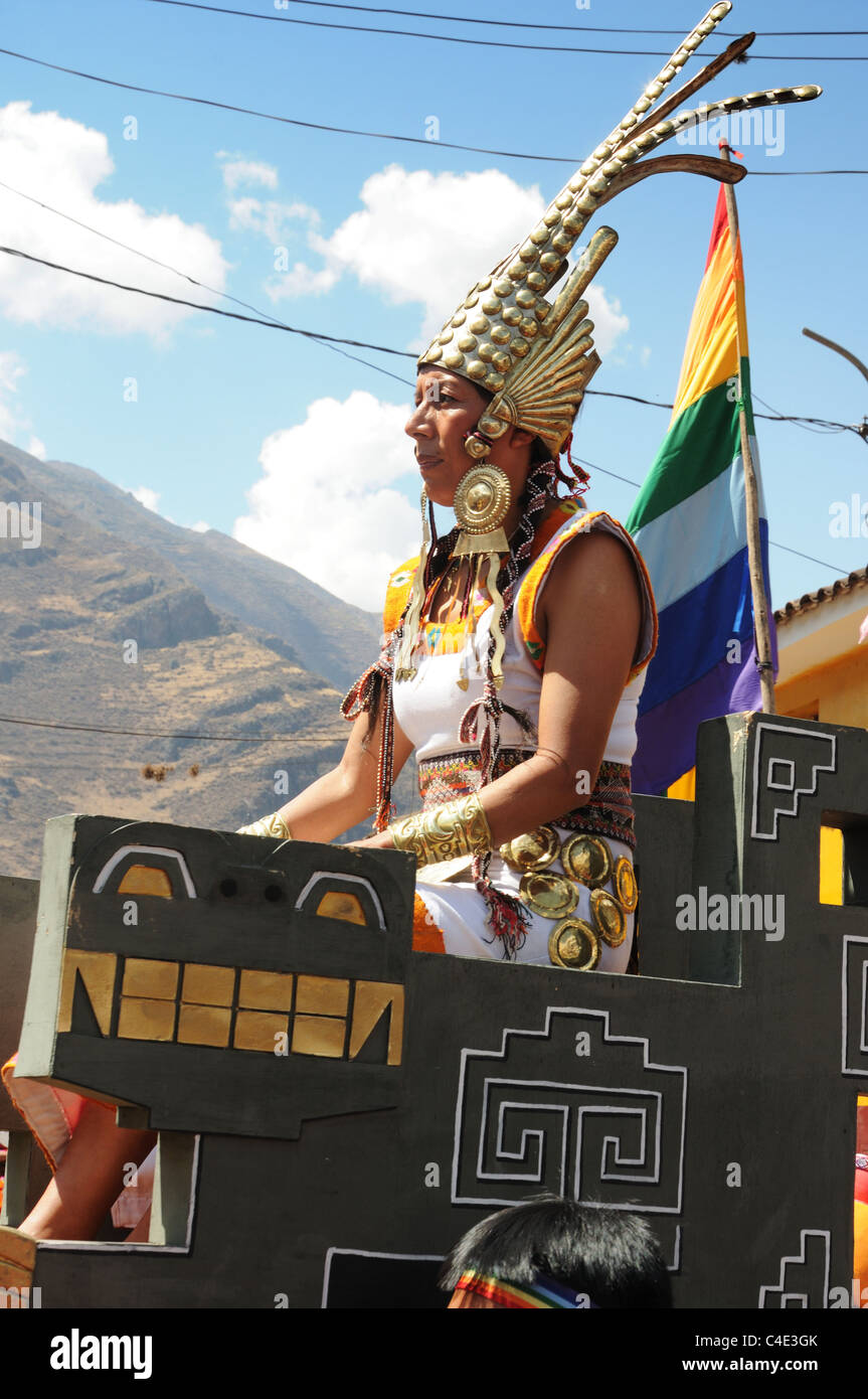 An Incan parade in traditional costume at Pisaq near Cusco in Peru ...