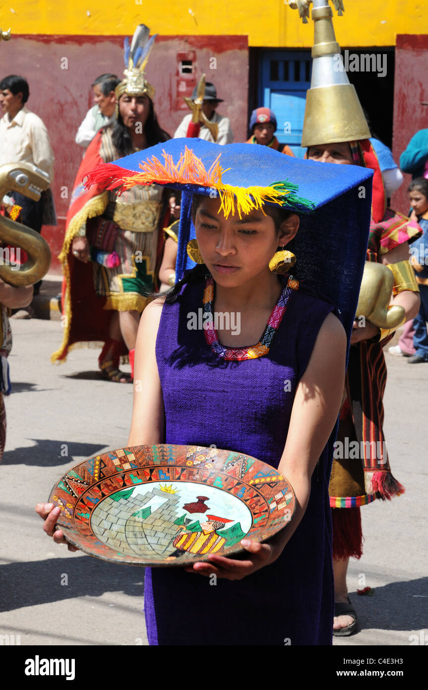 An Incan parade in traditional costume at Pisaq near Cusco in Peru ...