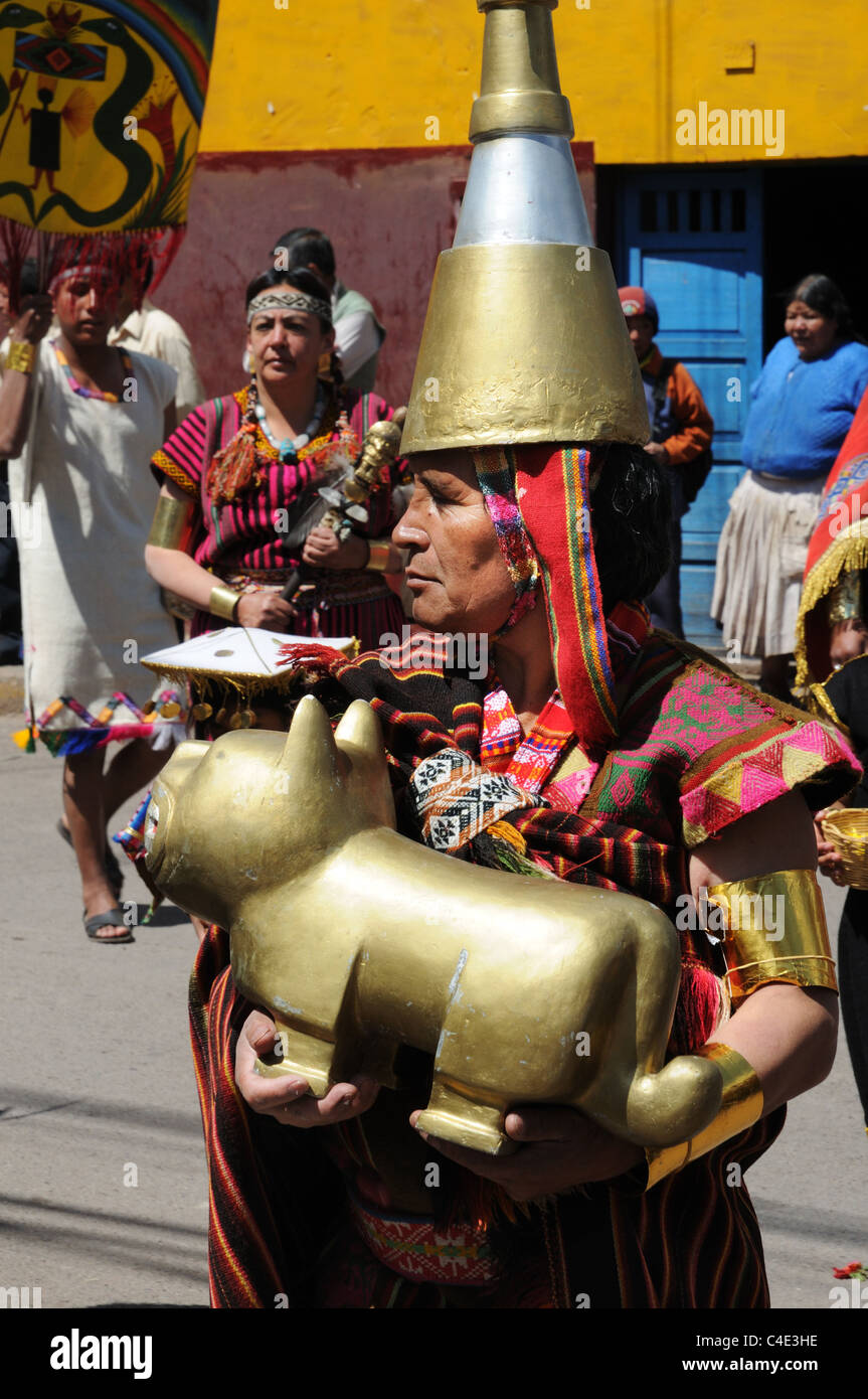 An Incan parade in traditional costume at Pisaq near Cusco in Peru ...