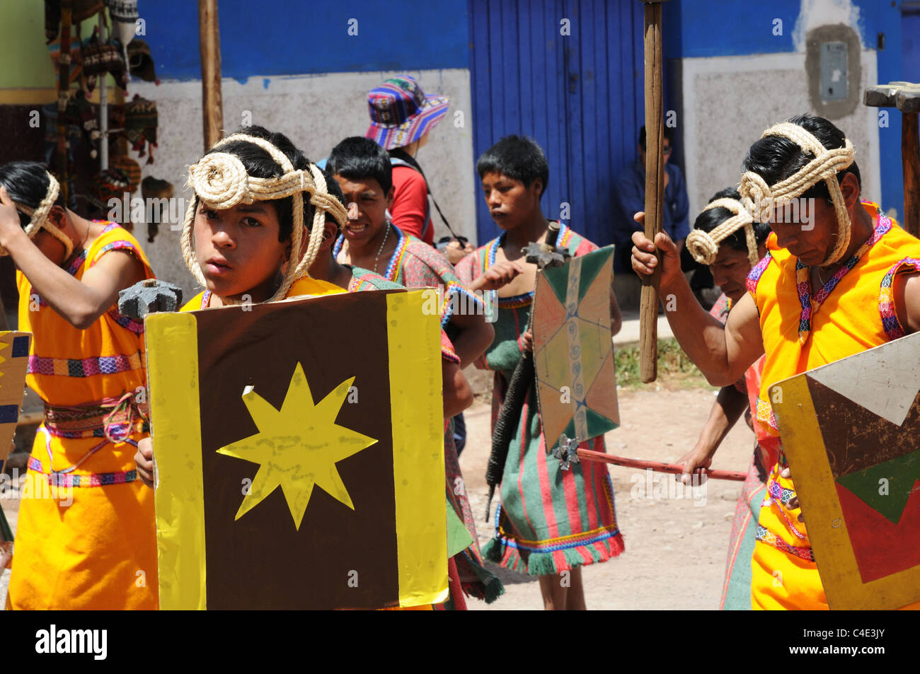 An Incan parade in traditional costume at Pisaq near Cusco in Peru ...