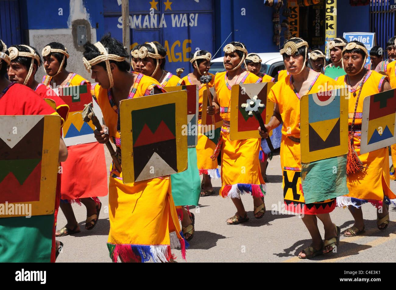An Incan parade in traditional costume at Pisaq near Cusco in Peru ...