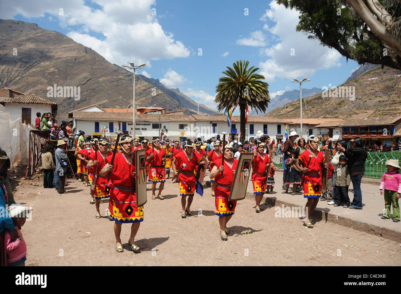 An Incan parade in traditional costume at Pisaq near Cusco in Peru ...