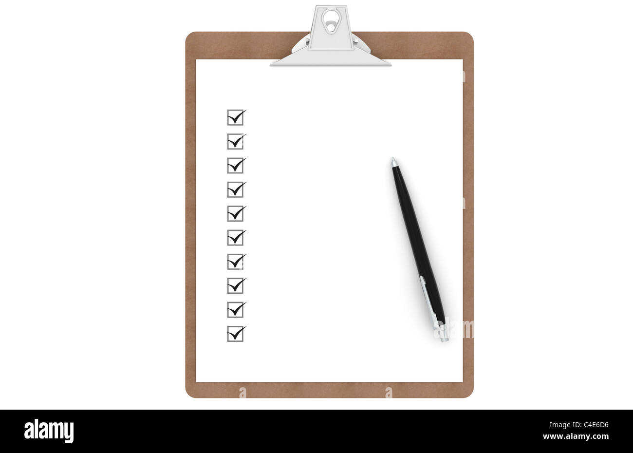 Clipboard with Checklist and Pen. Front view Stock Photo - Alamy