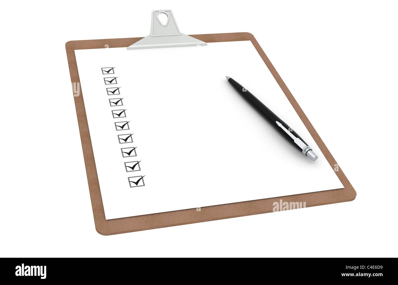 Clipboard with Checklist and Pen. Side view Stock Photo - Alamy
