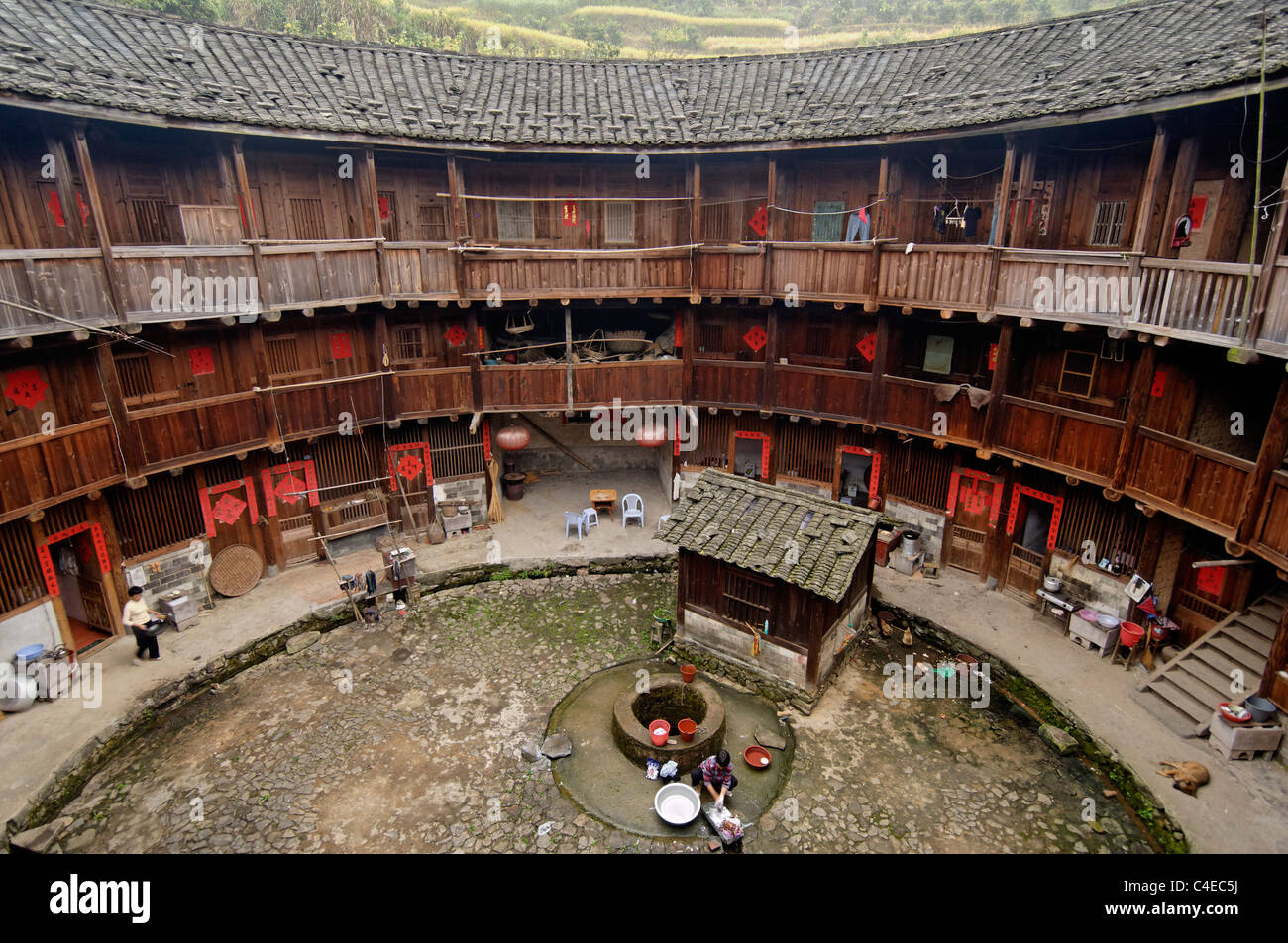 Interior of a 'tulou', a fortified Hakka clan house, in the Tianluokeng ...