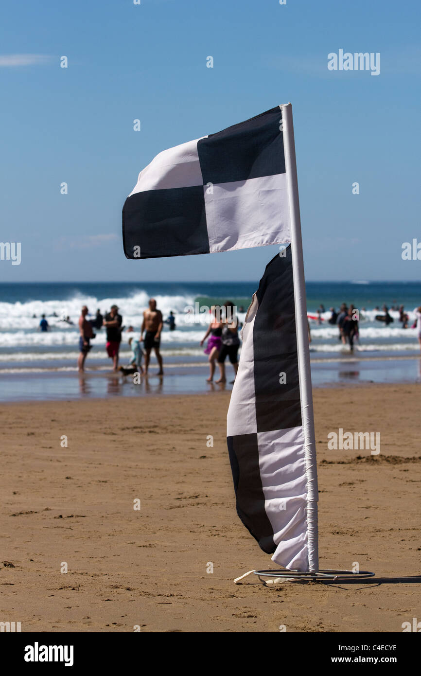 Safe area Boundary Flag markers on the beach at woolacombe bay golden ...