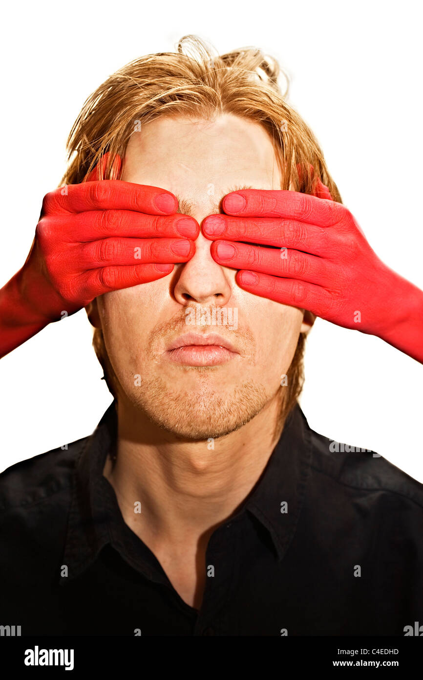 male face with eyes closed women's hands Stock Photo - Alamy