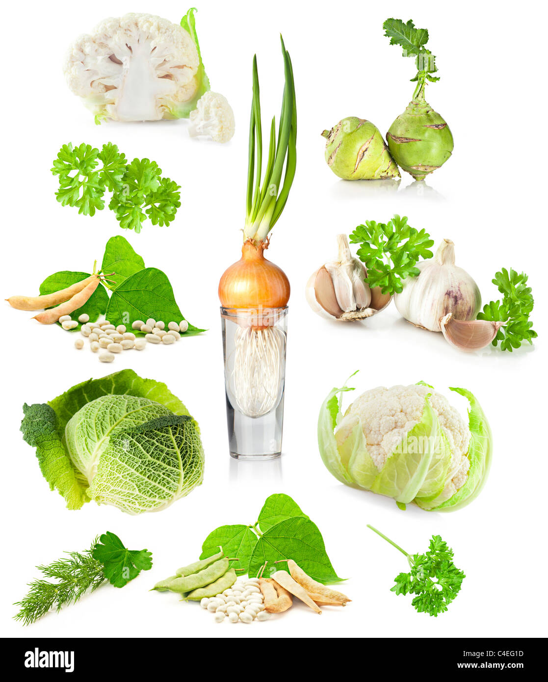 Green vegetables background. Set of fresh green vegetables on white ...