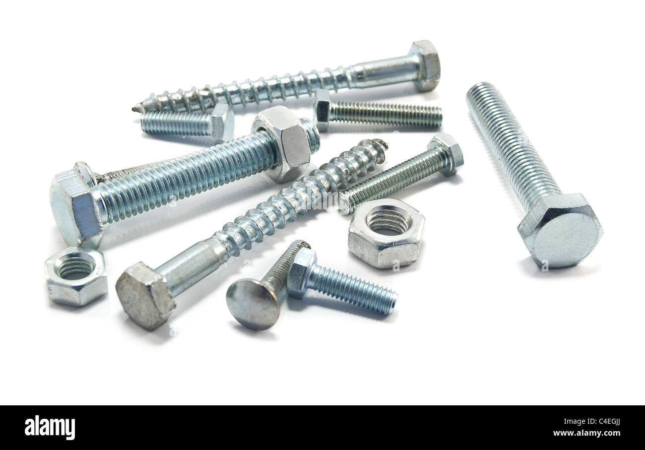 group of steel nuts and bolts isolated on a white background Stock ...