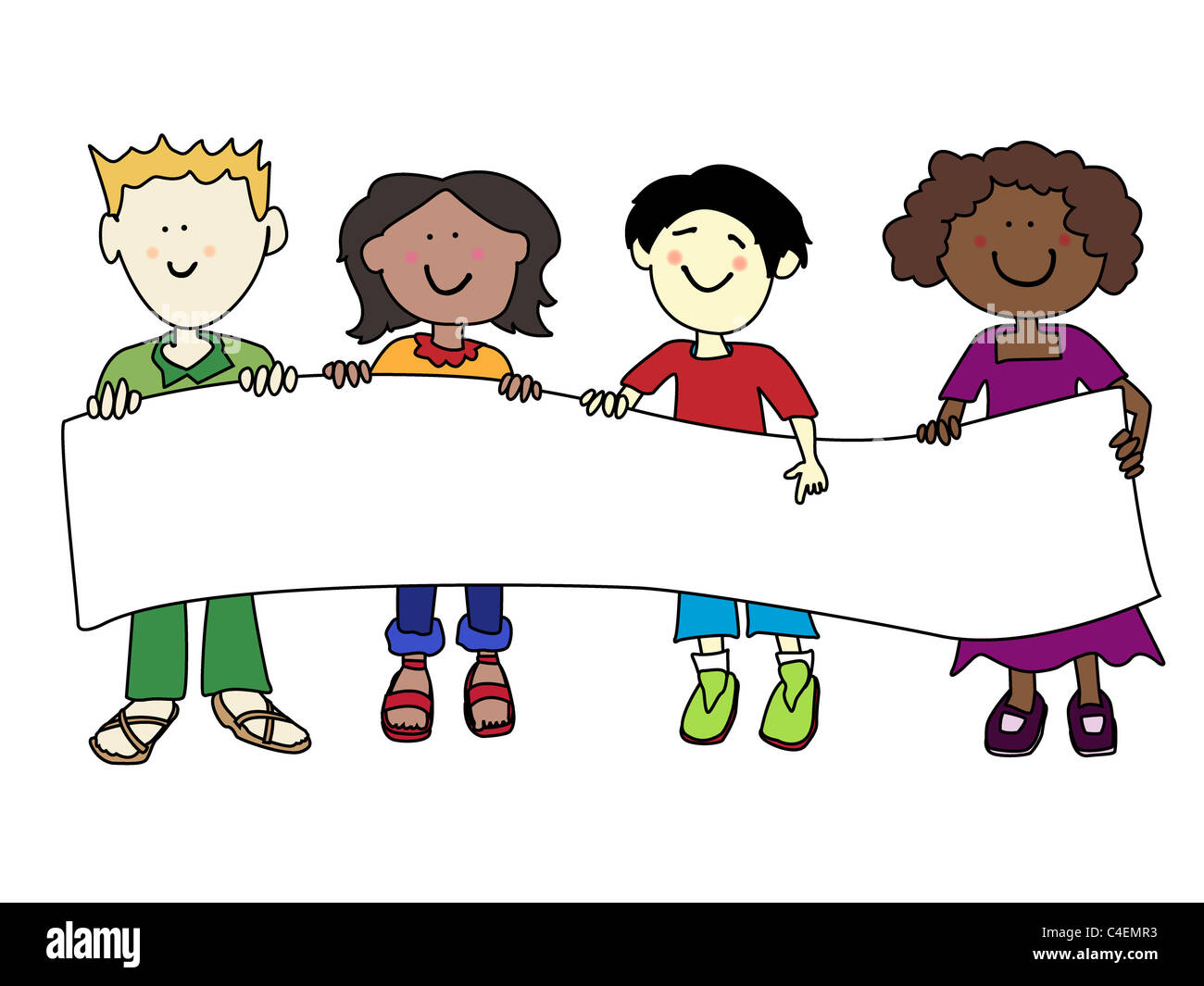Multicultural cartoon kids holding a very large white banner ready for ...