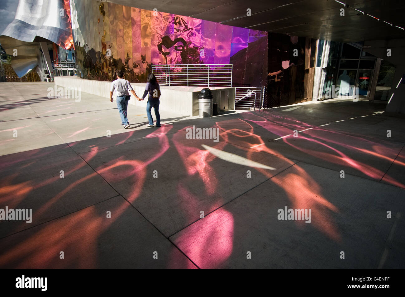 Light reflects off exterior of the Experience Music Project, Seattle ...