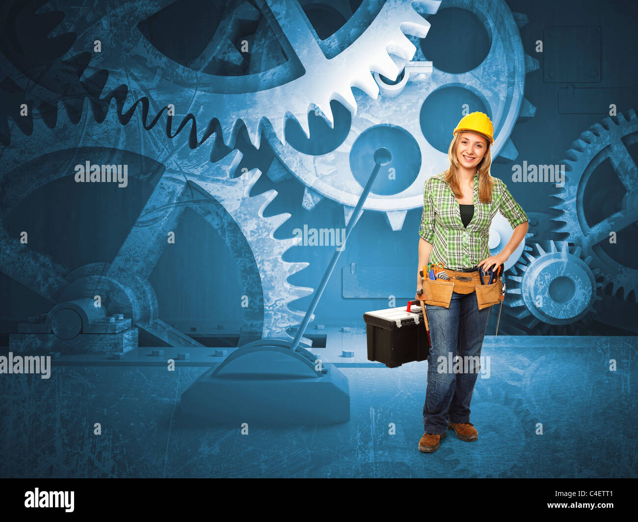 woman manual worker and 3d vintage gear background Stock Photo - Alamy
