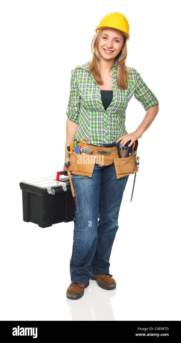 fine portrait of female manual worker with toolbox Stock Photo - Alamy