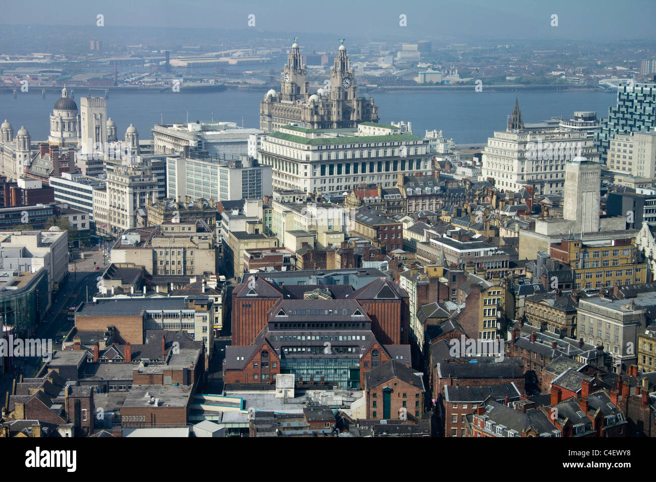 Aerial view of town and the Mersey River, Liverpool, England Stock ...