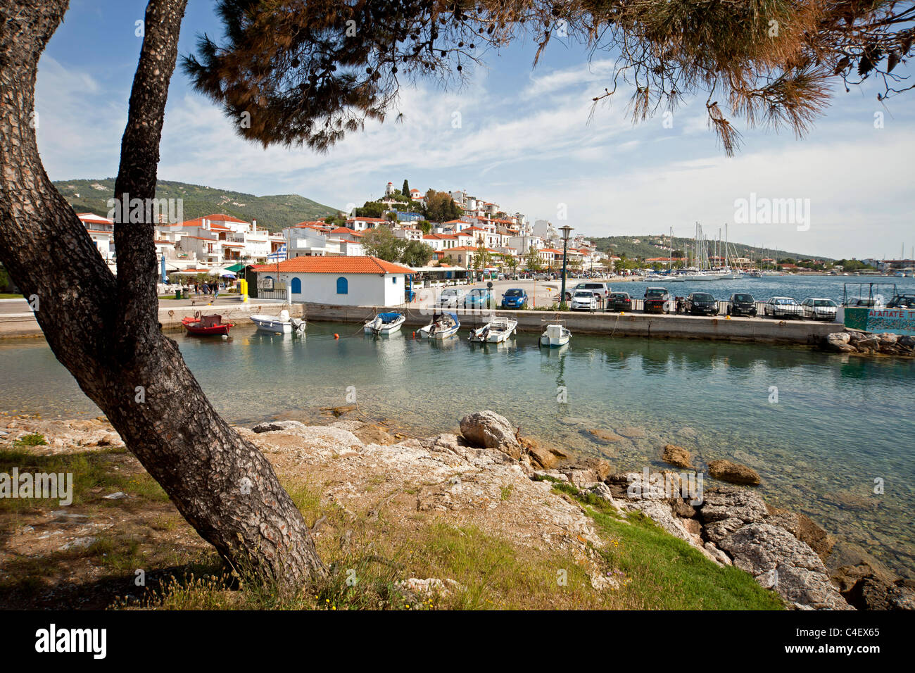 harbour and Skiathos Town seen from Bourtzi peninsula on Skiathos ...
