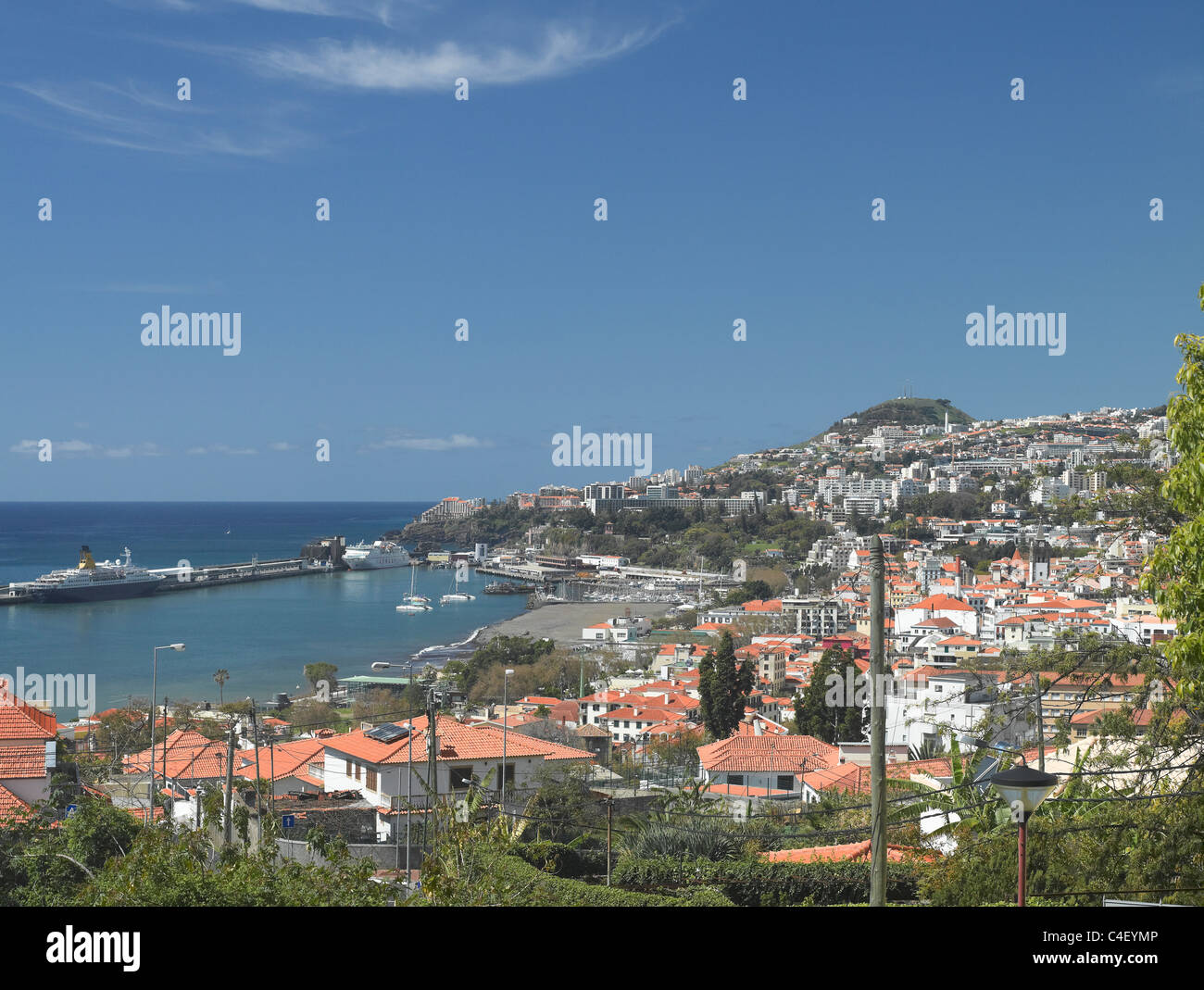 Panoramic view of Funchal city town and harbour with copy space Funchal ...
