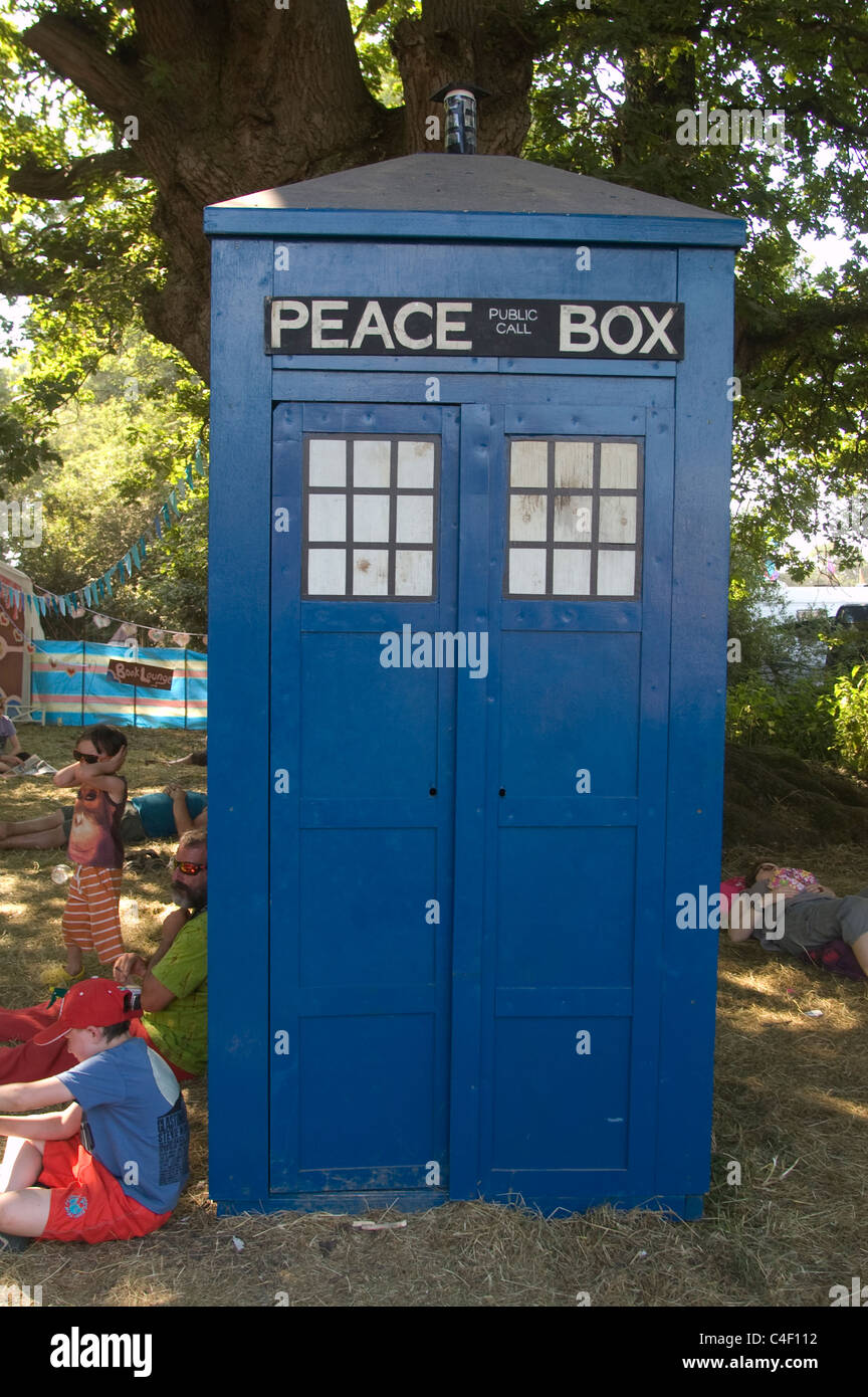 Peace box designed like the Dr Who tardis at Glastonbury festival Stock ...