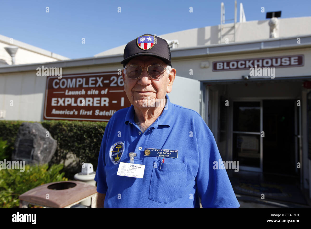NASA volunteer at Blockhouse (Now and Then tour Stock Photo - Alamy