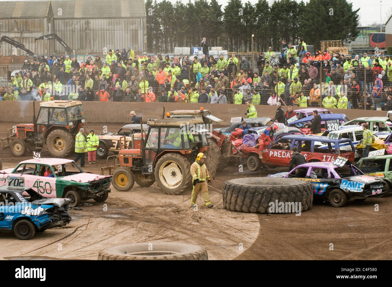 banger racing race track being cleared clearing after tractors dragging ...