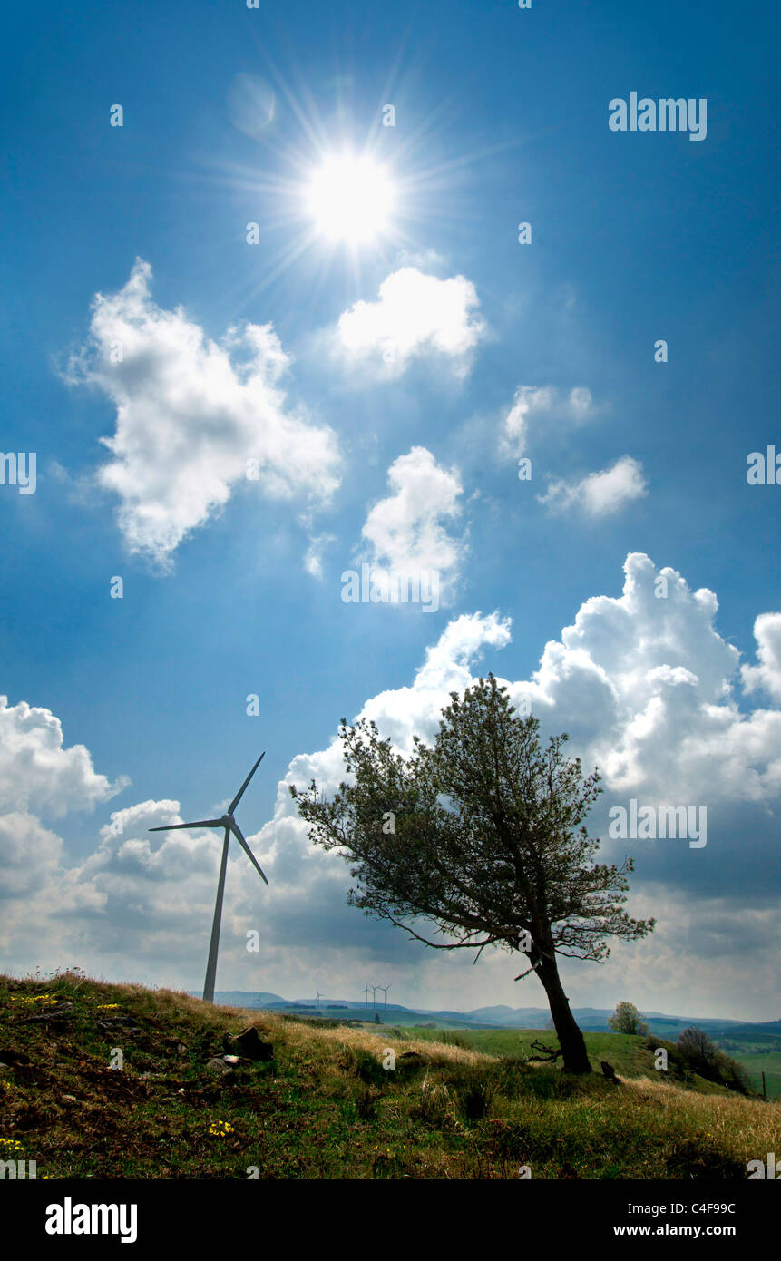 Bright sun shining over a wind turbine on a hillside with dramatic ...