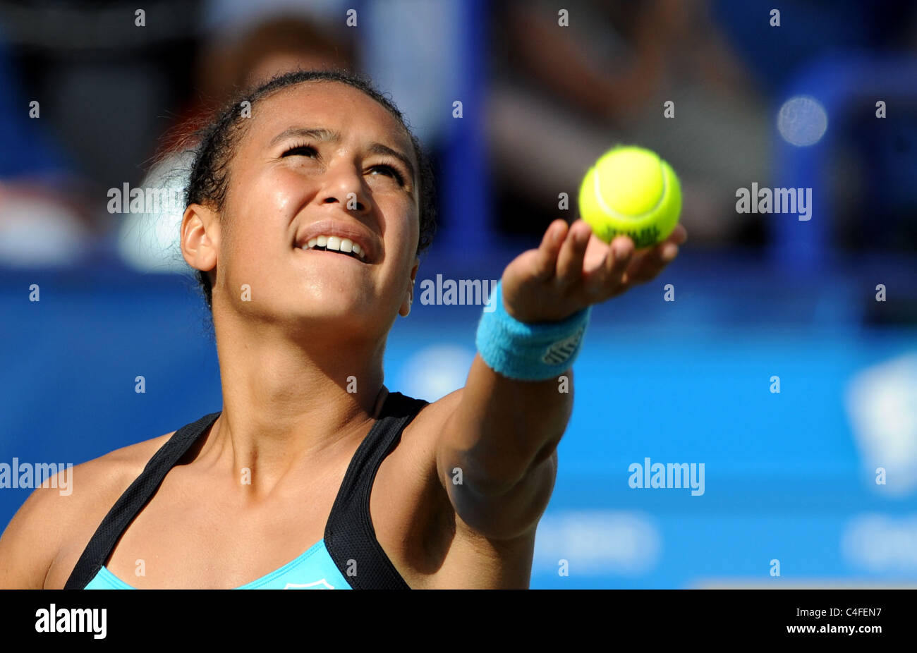 British player Heather Watson serves during her defeat to Vera ...