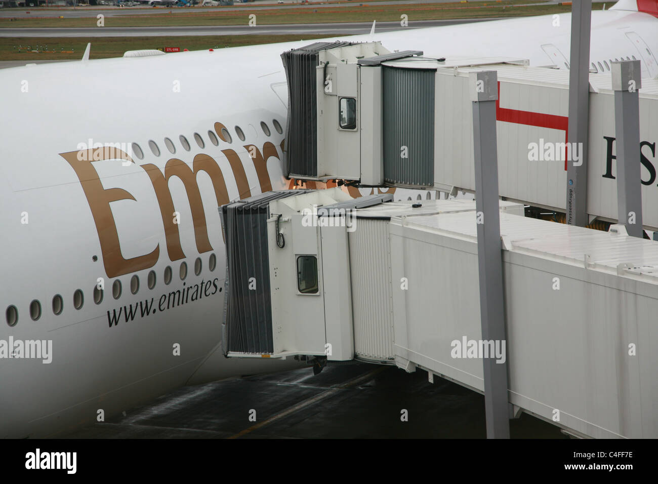 Emirates airbus A380 heathrow airport gate london Stock Photo - Alamy