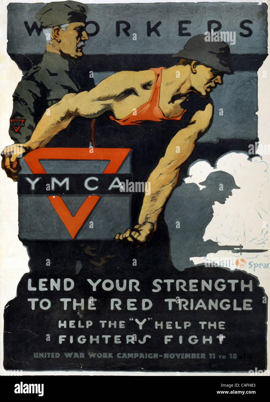 Poster showing a mason lifting a stone, "YMCA," with the silhouette of ...