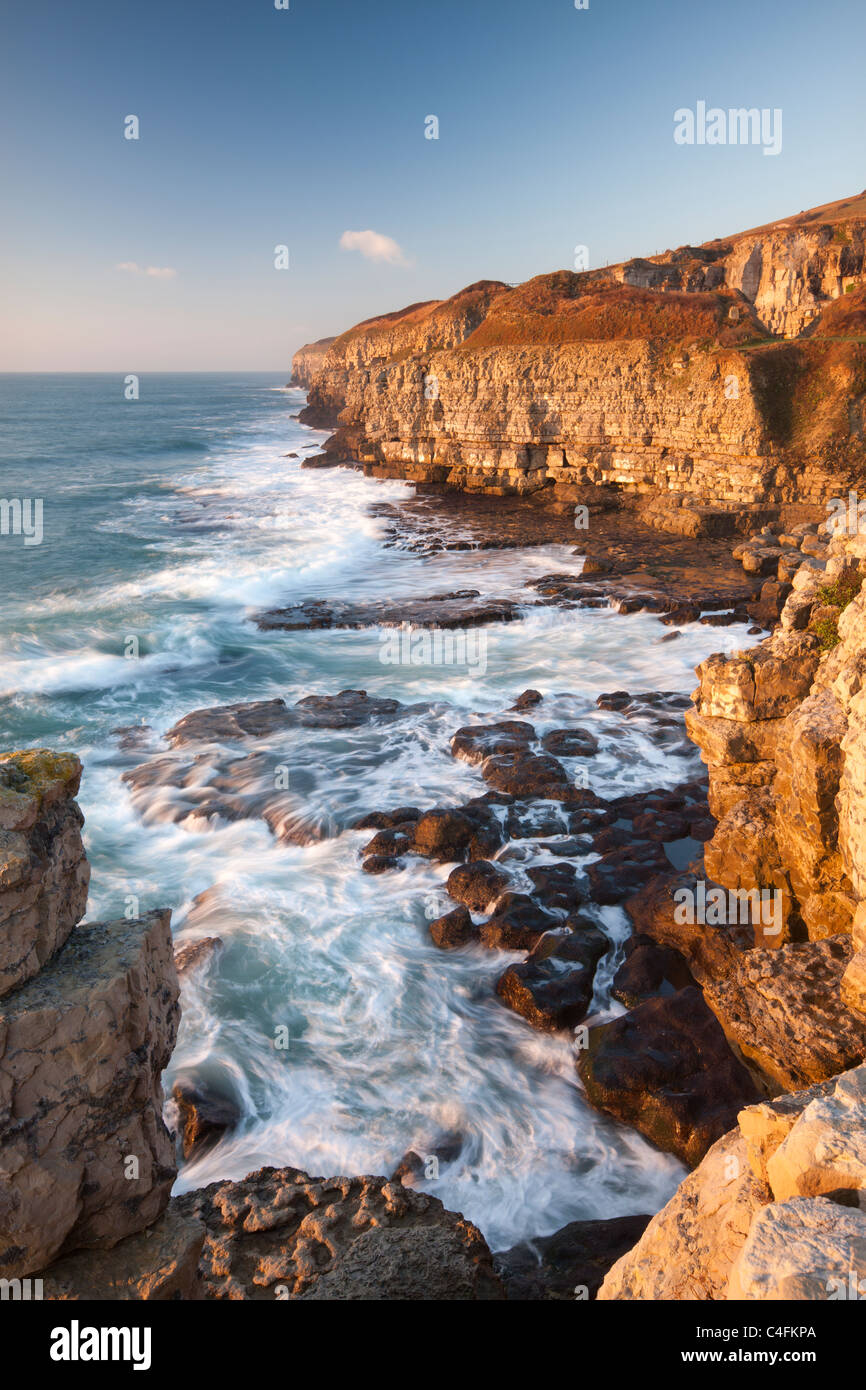 Rough seas crashing around the rocks at Winspit on the Isle of Purbeck ...