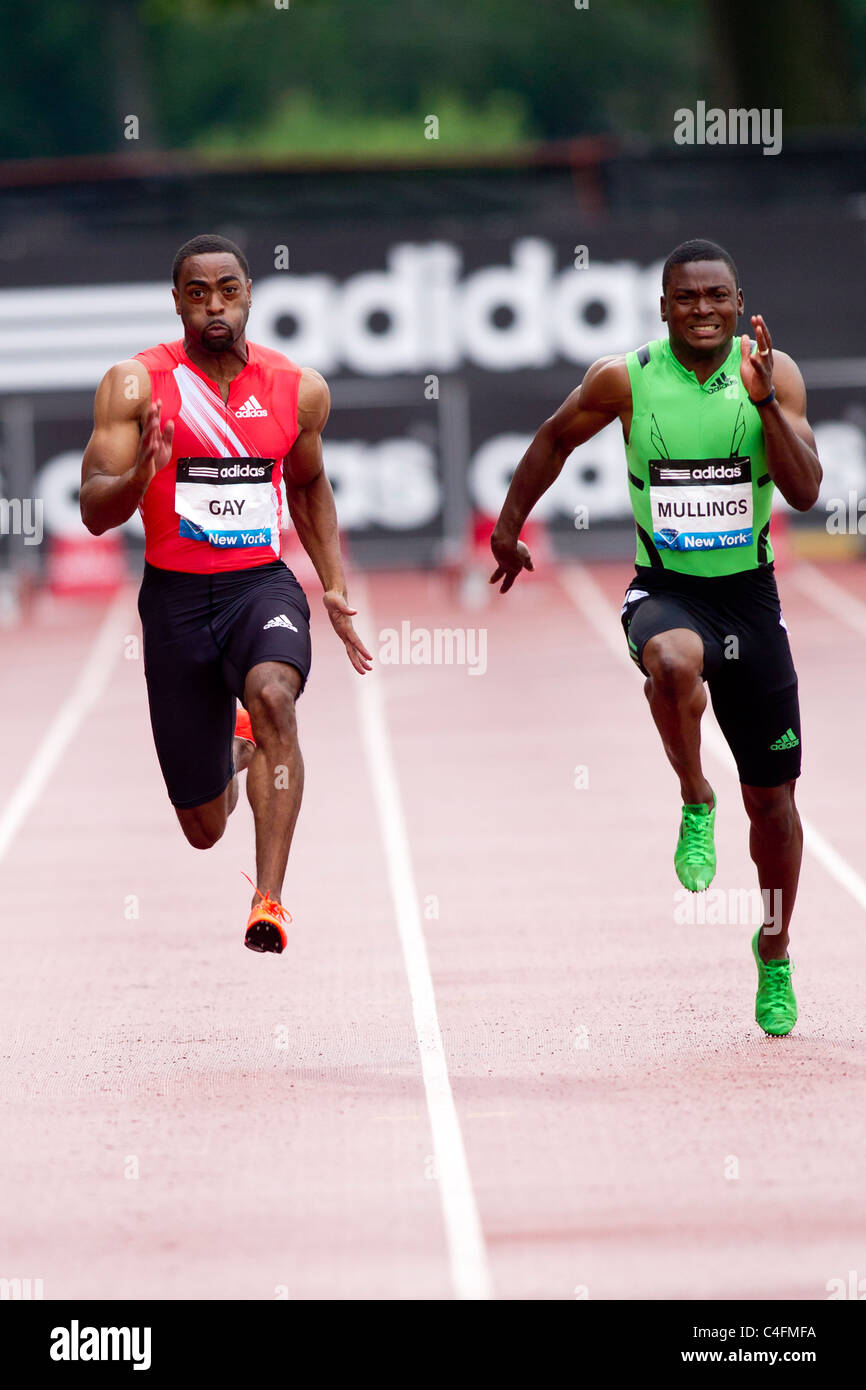 Tyson Gay (USA) and Steve Mullings (JAM) competing in a 100 meters race ...