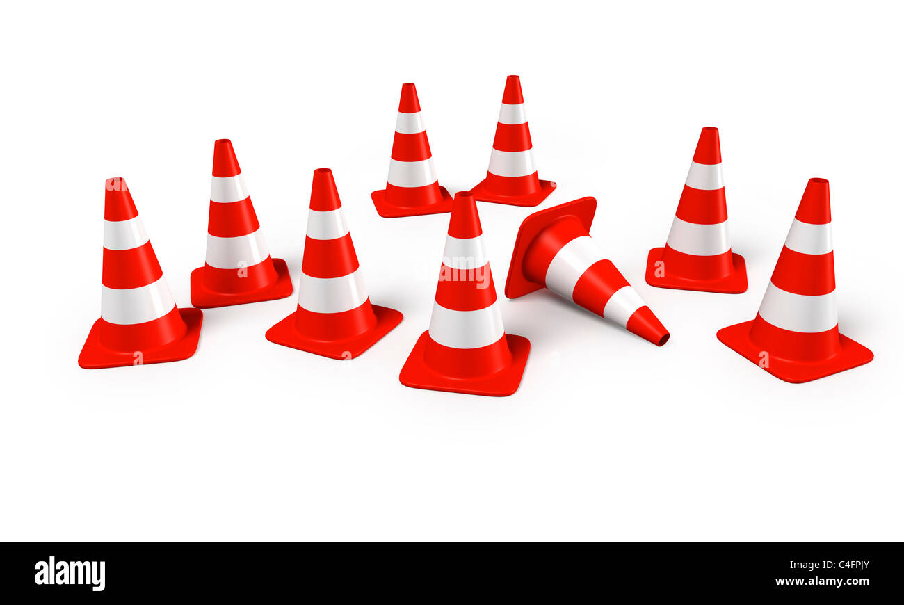Traffic cones or emergency cones with one lying down on a white ...