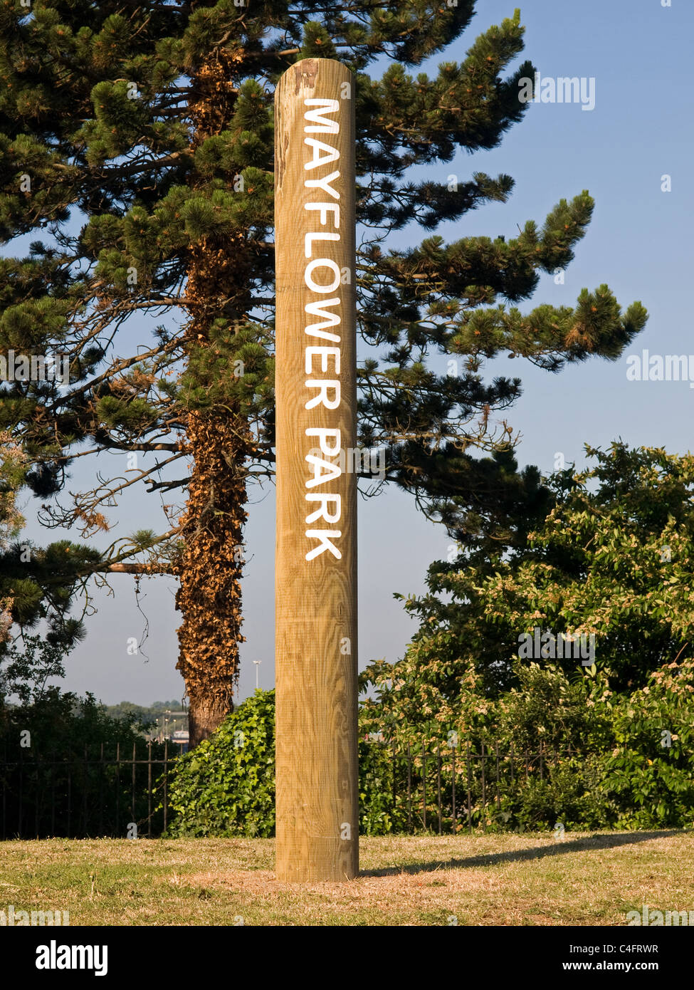 Wooden pole with the name of Mayflower Park in Mayflower Park Southampton Hampshire England UK ...