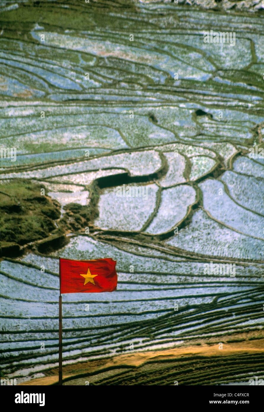 A Vietnamese flag flies above terraced rice paddies, Northern Vitnam ...