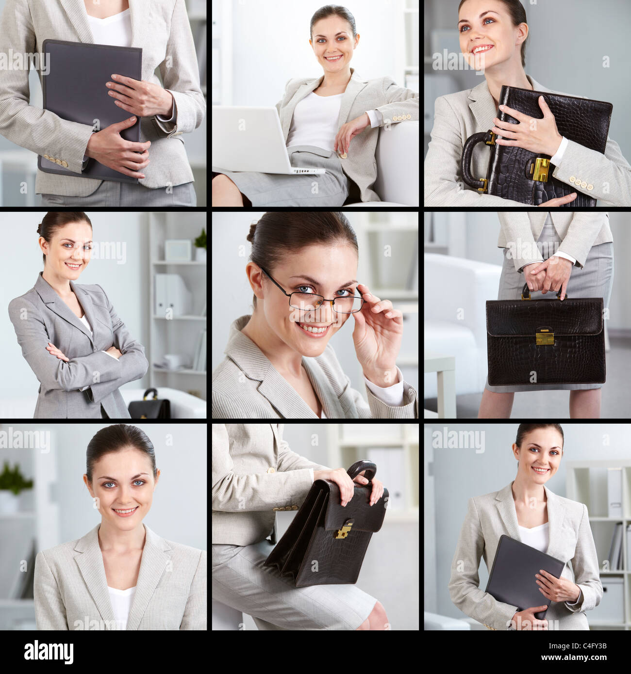 Collage of successful businesswoman in office Stock Photo - Alamy