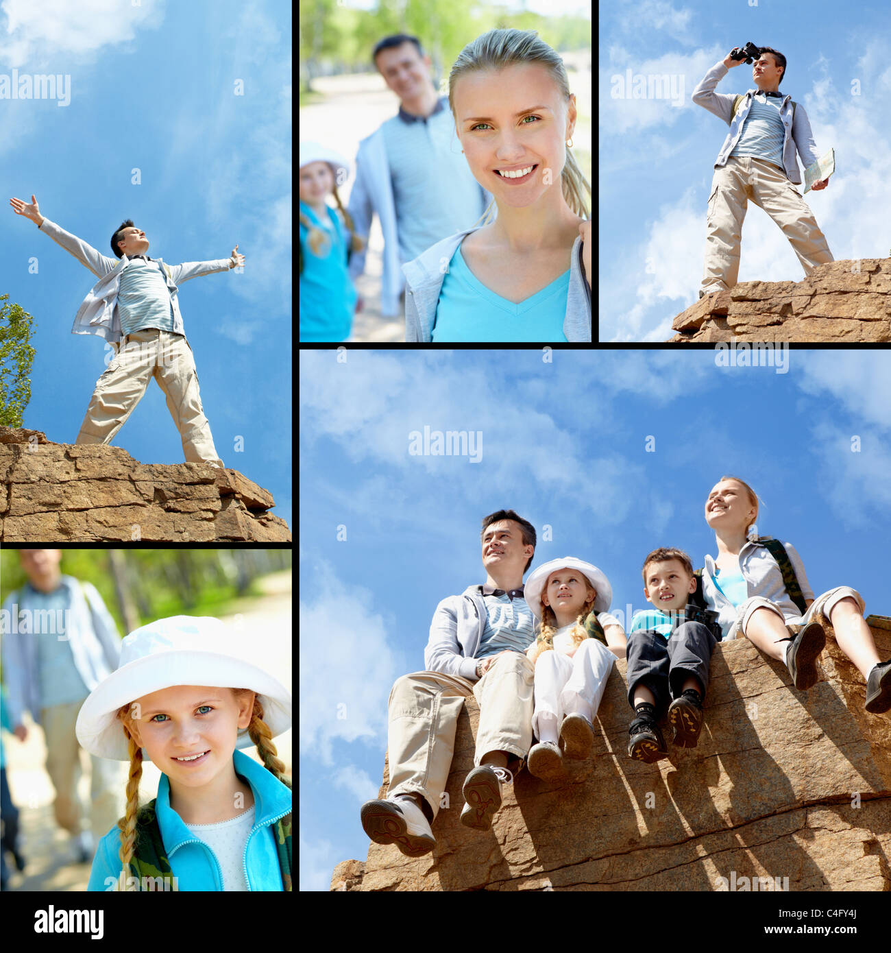 Collage of travelers on rocky cliff and in the forest Stock Photo - Alamy
