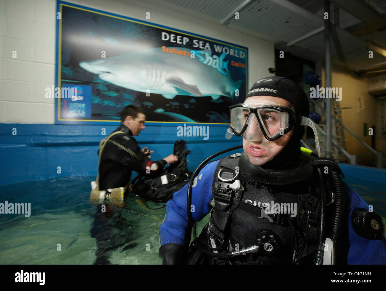 Divers kit-up before entering the aquarium at Deep Sea World to dive ...