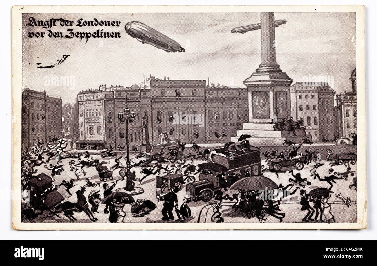 A vintage post card showing the panic caused by German Zeppelins over ...