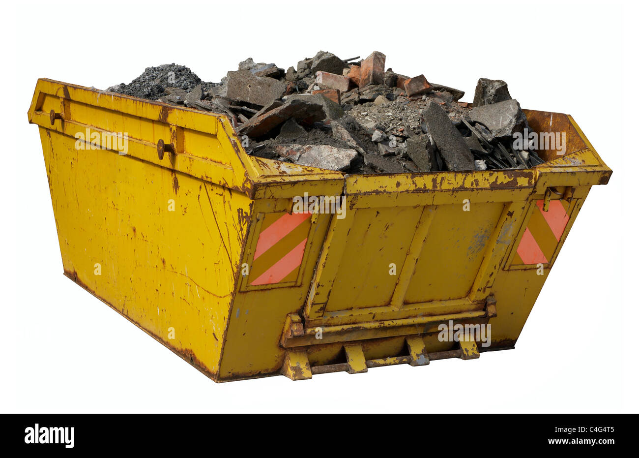 Yellow skip full of rubble isolated over white Stock Photo - Alamy