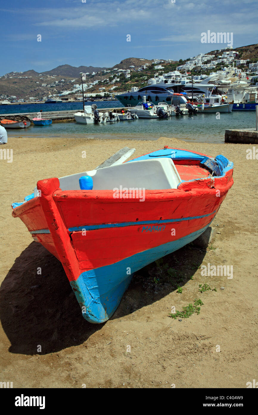 Red Dinghy on the Beach Mykonos Cyclades Island Greece EU European ...