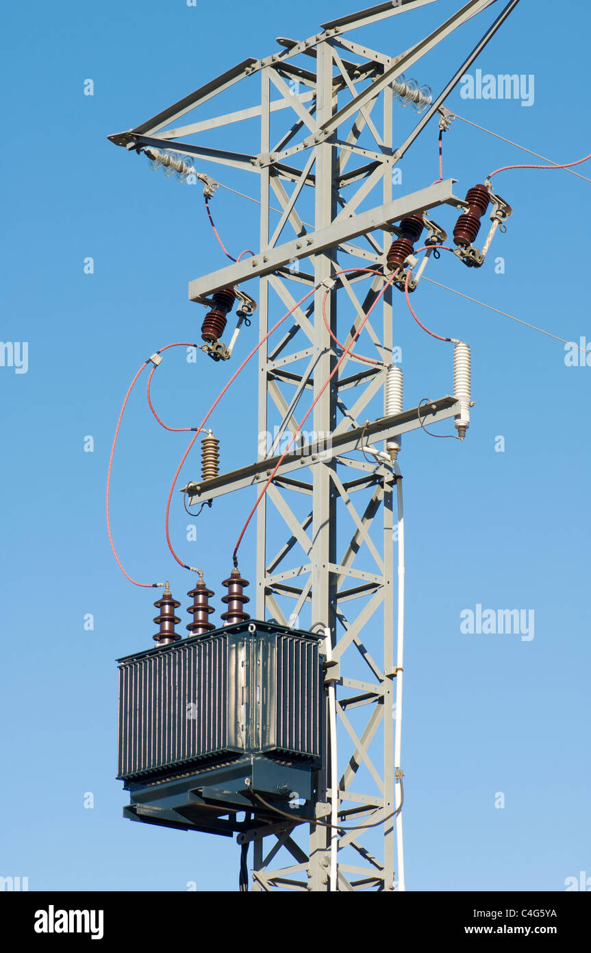 electric transformer in a power line Stock Photo - Alamy