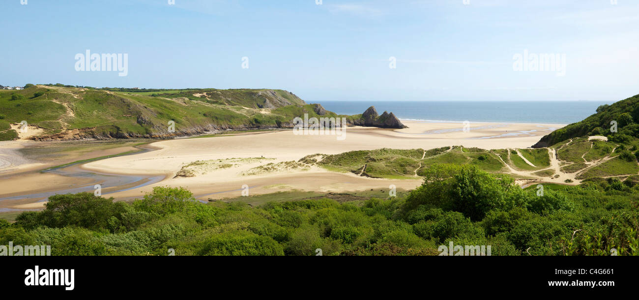 Panoramic photo of Three Cliffs Beach in spring sunshine Gower ...