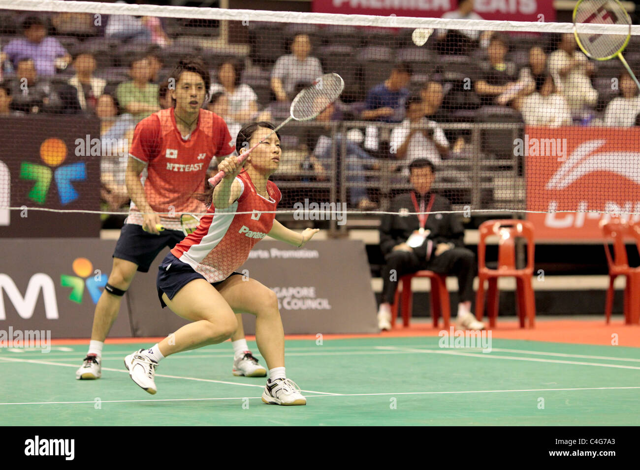 Matsuo Shizuka and Sato Shoji of Japan during the Mixed Doubles Round 1 ...