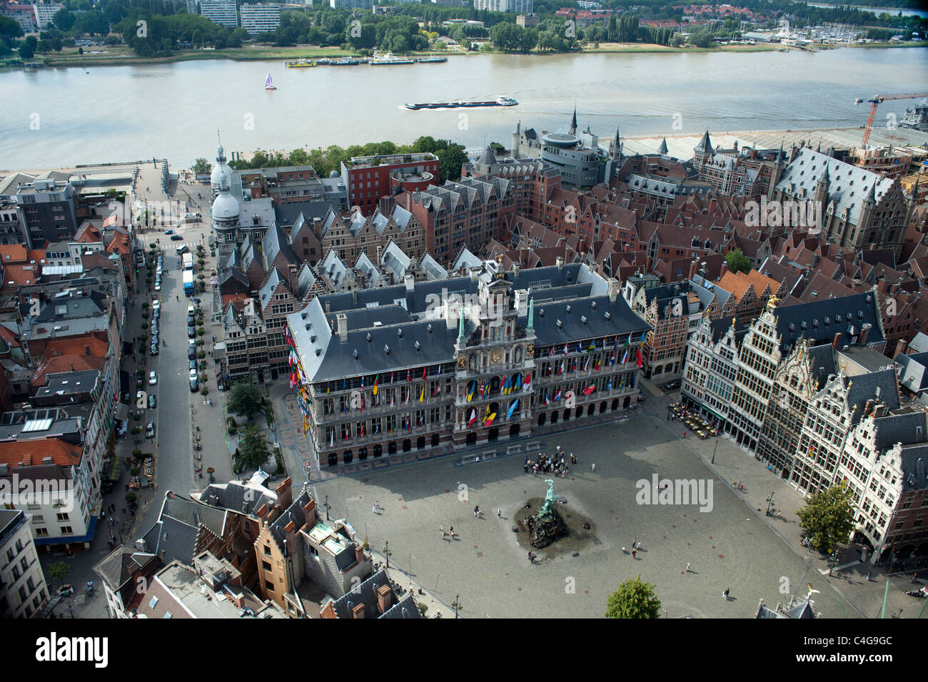 view Antwerp from sky - Antwerpen City view with Schelde river Stock ...